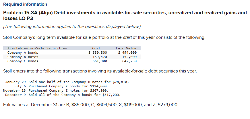 Solved Required informationProblem 15-3A (Algo) ﻿Debt | Chegg.com