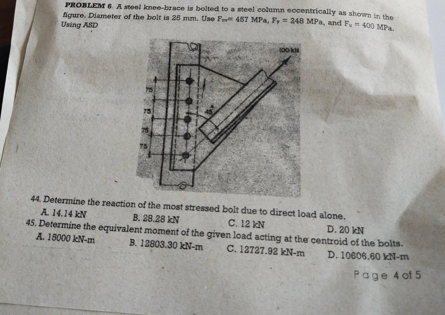 Solved A steel knee-brace is bolted to a steel column | Chegg.com