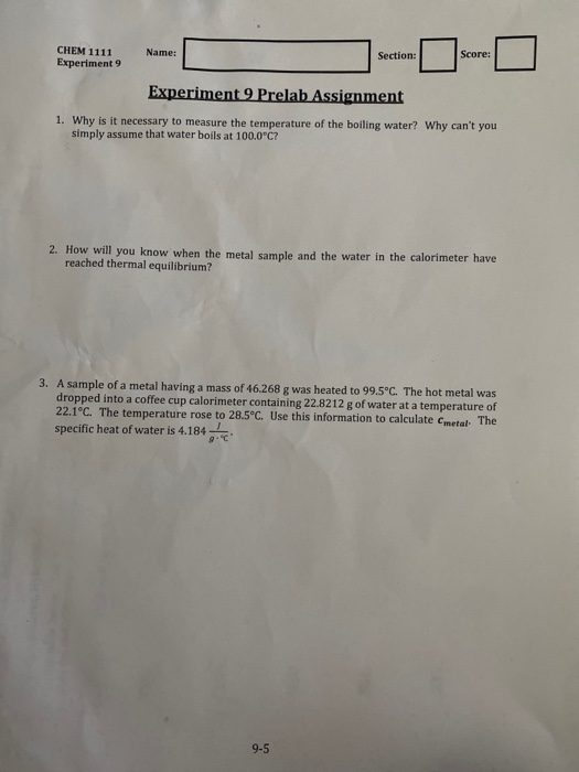 Solved CHEM 1111 Name: Section: Score: Experiment 9 | Chegg.com