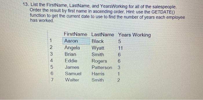 Solved 13. List the FirstName, LastName, and YearsWorking | Chegg.com