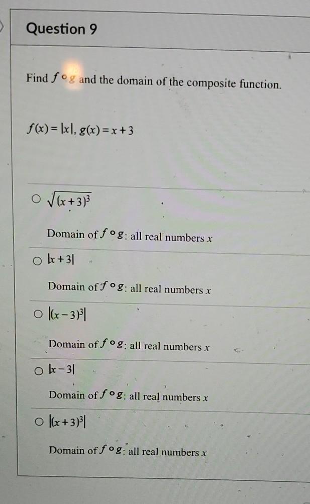 Solved > Question 9 Find fog and the domain of the composite | Chegg.com