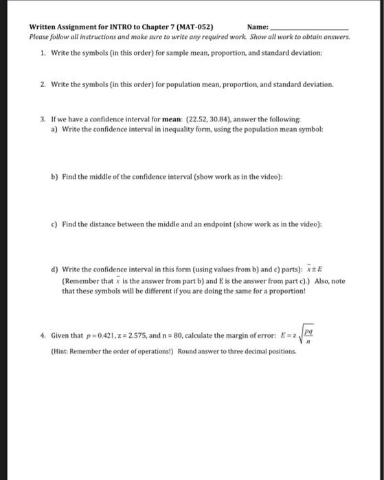 Solved Written Assignment for INTRO to Chapter 7 (MAT-052) | Chegg.com