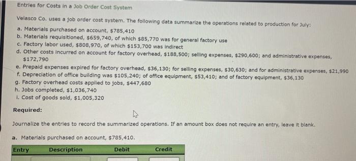 Solved Entries for Costs in a Job Order Cost System Velasco | Chegg.com