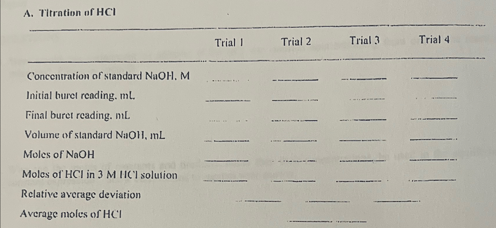 A. Titration of HCl\table[[,Trial 1,Trial 2,Trial | Chegg.com A. Titration of HCl\table[[,Trial 1,Trial 2,Trial | Chegg.com