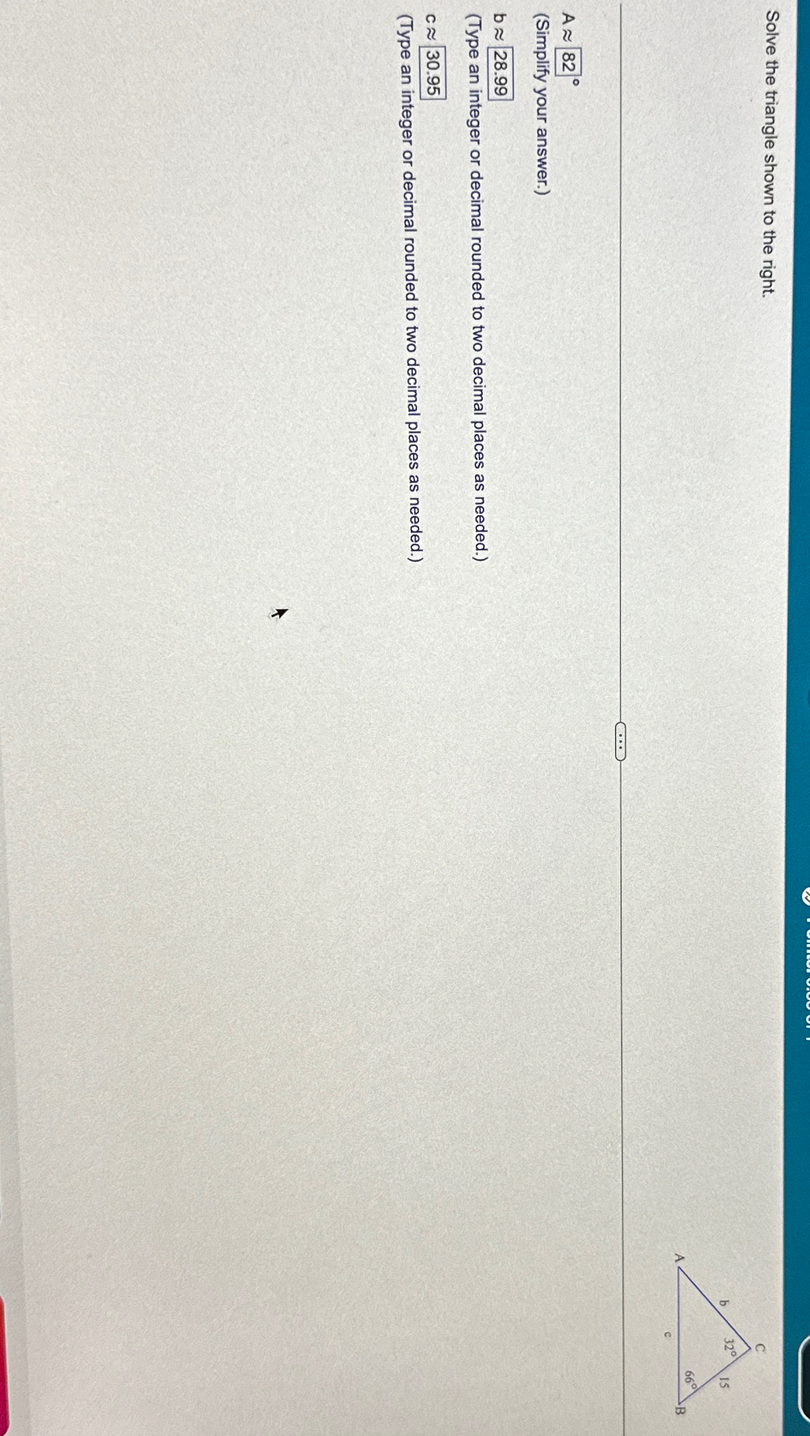 Solved Solve the triangle shown to the right.A~~(Simplify | Chegg.com