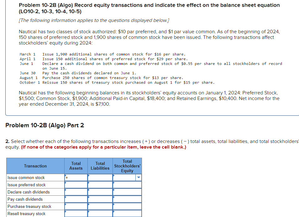 Solved Problem 10-2B (Algo) ﻿Record equity transactions and | Chegg.com