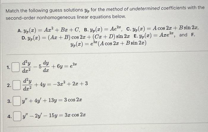 Solved Match the following guess solutions yp for the method | Chegg.com