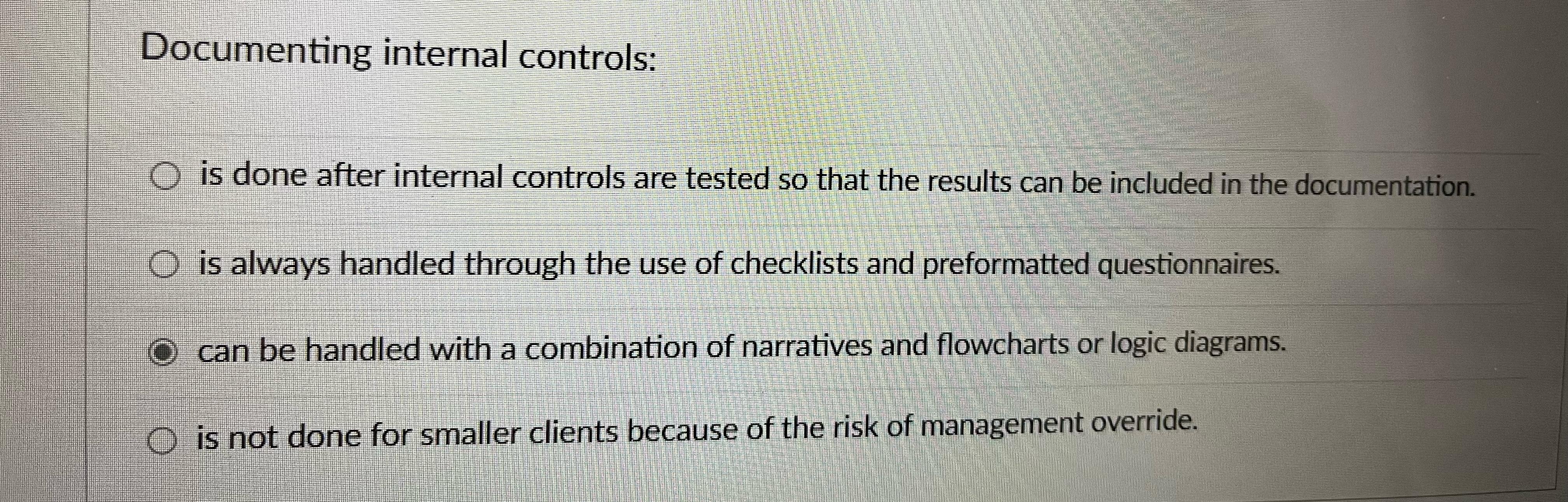 Solved Documenting internal controls:is done after internal | Chegg.com