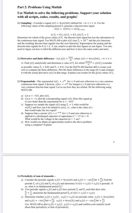 Solved Part 2 Problems Using Matlab Use Matlab To Solve The