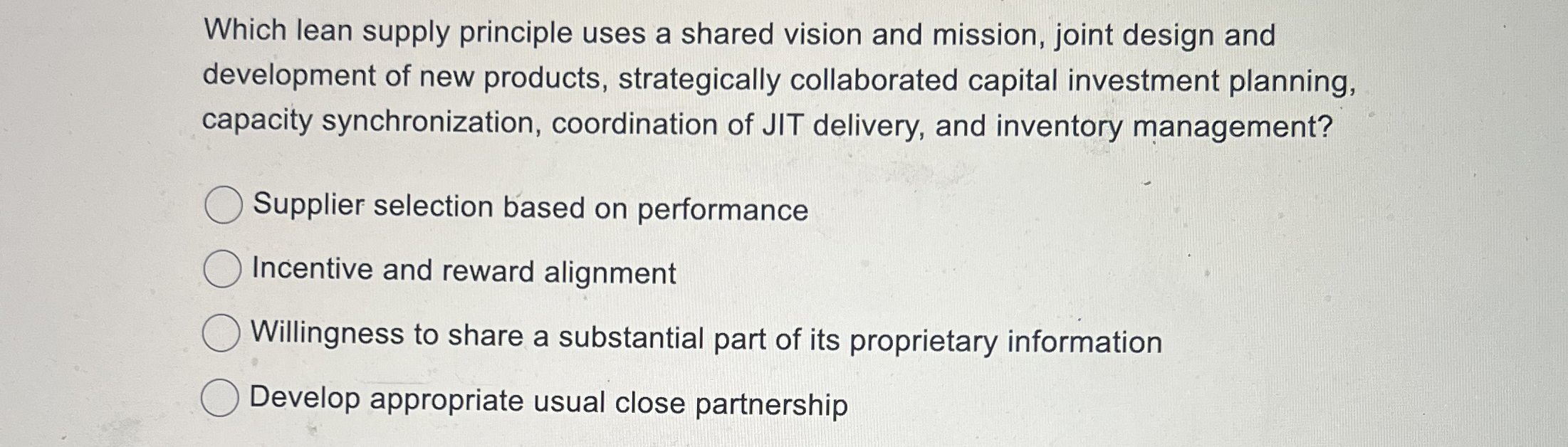 Solved Which lean supply principle uses a shared vision and | Chegg.com