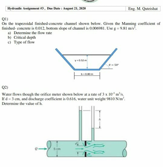 Solved Hydraulic Assignment #3, Due Date: August 21, 2020 | Chegg.com