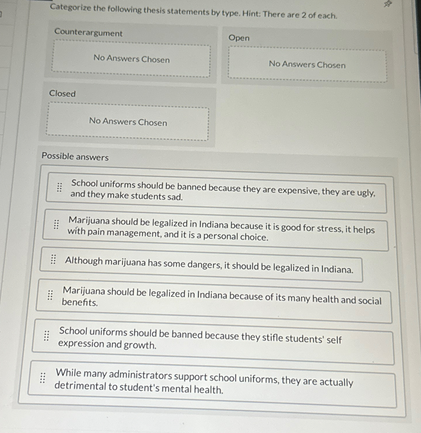 Solved Categorize the following thesis statements by type. | Chegg.com