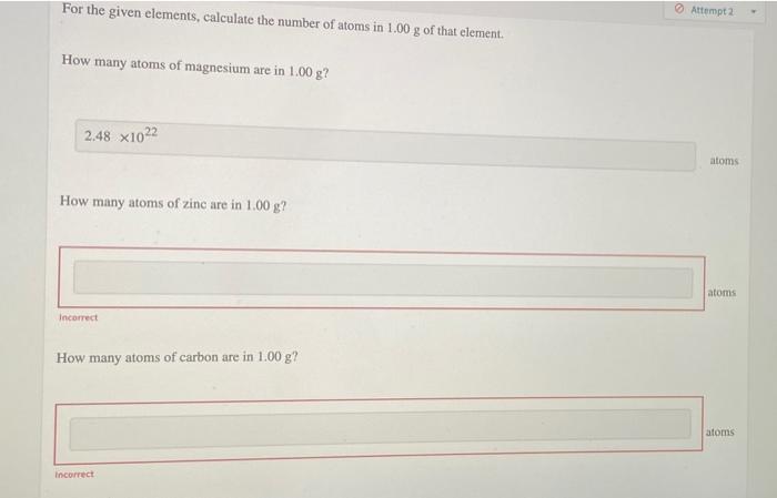 Solved For the given elements, calculate the number of atoms | Chegg.com