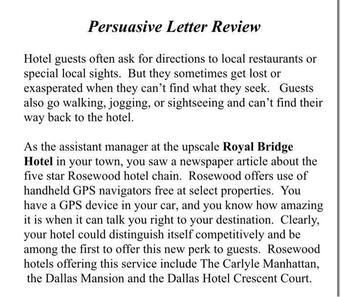 Persuasive Letter Review Hotel guests often ask for | Chegg.com