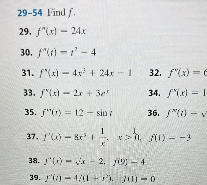 Solved 29-54 Find f. 29. f′′(x)=24x 30. f′′(t)=t2−4 31. | Chegg.com