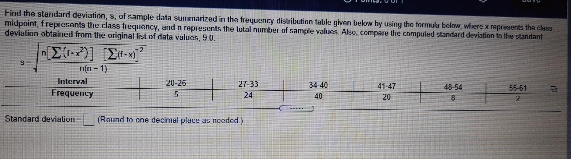 Solved Find the standard deviation, s, of sample data | Chegg.com