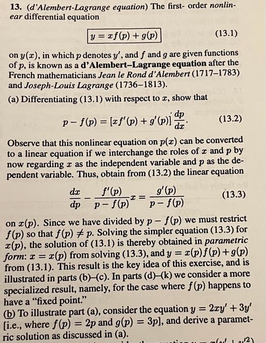 Solved 13. (d'Alembert-Lagrange equation) The first- order | Chegg.com