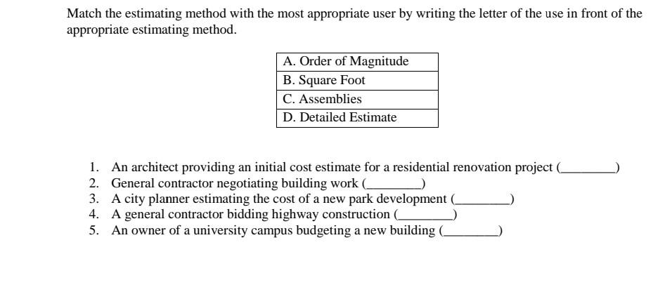 Match the estimating method with the most appropriate | Chegg.com