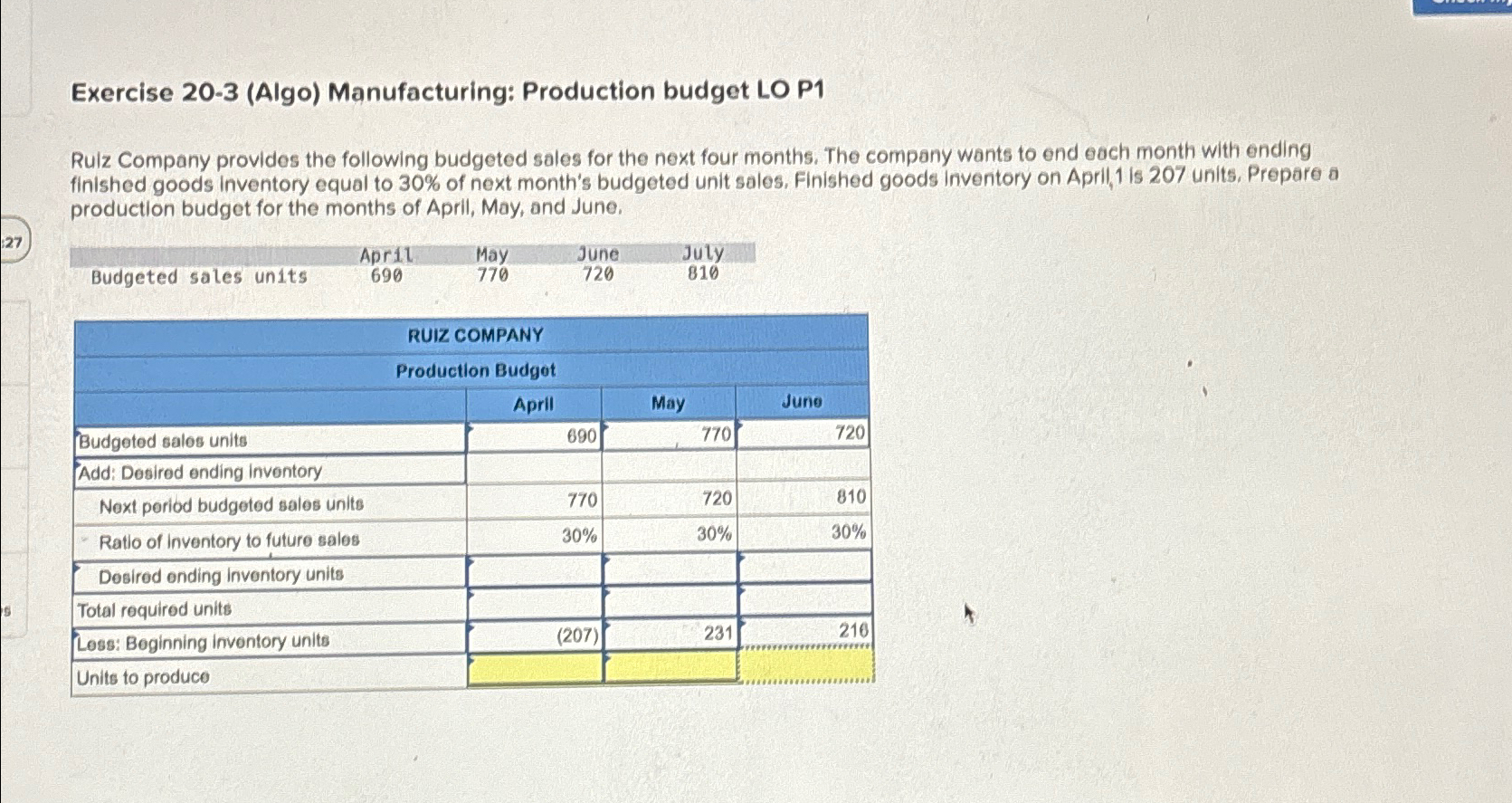Solved Exercise 20-3 (Algo) ﻿Manufacturing: Production | Chegg.com