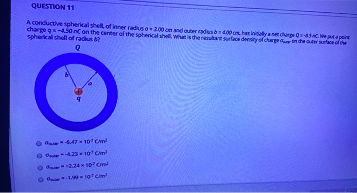 Solved QUESTION 11 A conductive spherical shell, of inner | Chegg.com
