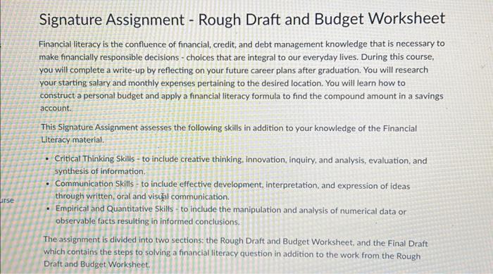 Solved Signature Assignment - Rough Draft and Budget | Chegg.com