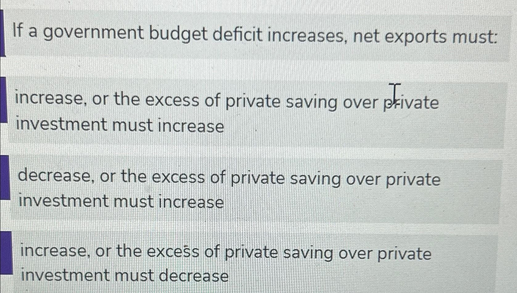 Solved If a government budget deficit increases, net exports | Chegg.com