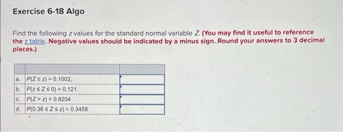 Solved Exercise 6-18 Algo Find the following z values for | Chegg.com