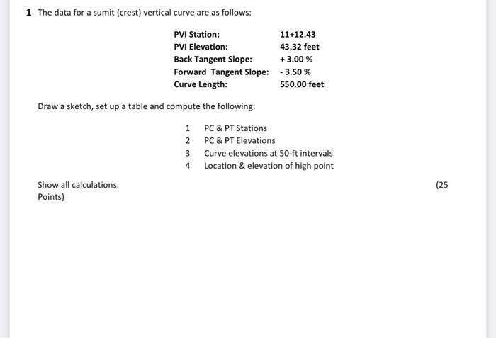 Solved 1 The data for a sumit (crest) vertical curve are as | Chegg.com