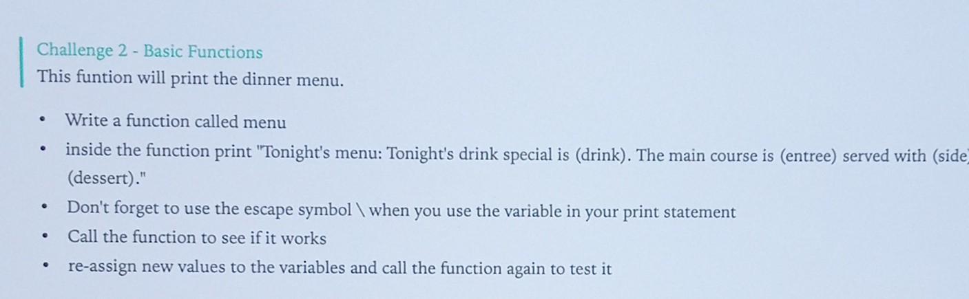 Solved Challenge 2 - Basic Functions This funtion will print | Chegg.com