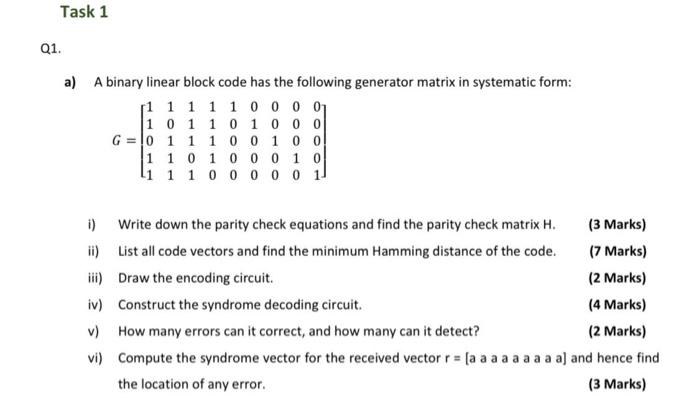 Solved Task 1 Q1. a) A binary linear block code has the | Chegg.com