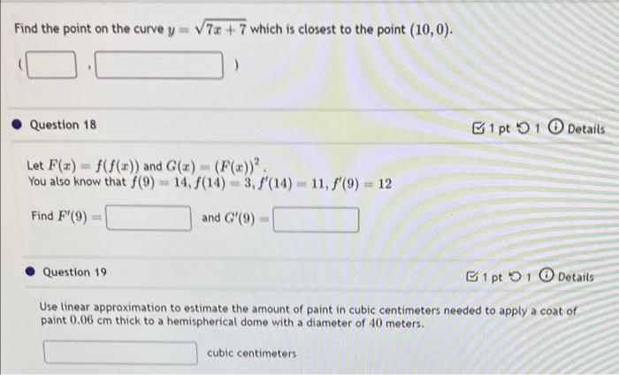Solved Find the point on the curve y=7x+7 which is closest | Chegg.com