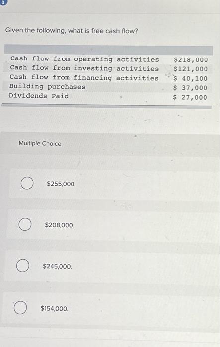 Solved Given the following, what is free cash flow? Multiple | Chegg.com