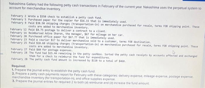 Solved Nakashima Gallery had the following petty cash | Chegg.com