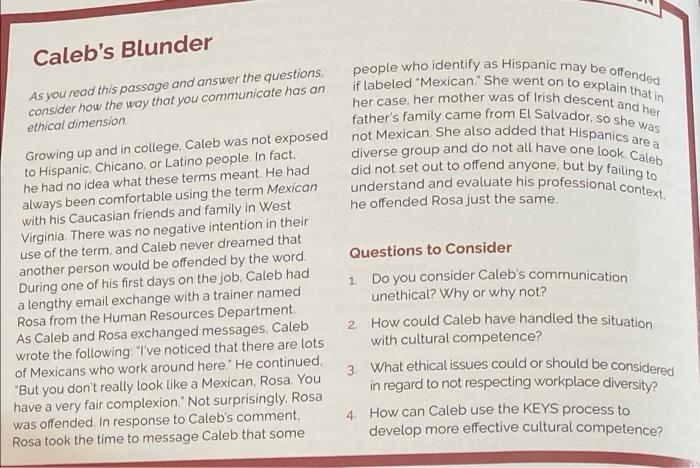 Caleb's Blunder As you read this passage and answer | Chegg.com
