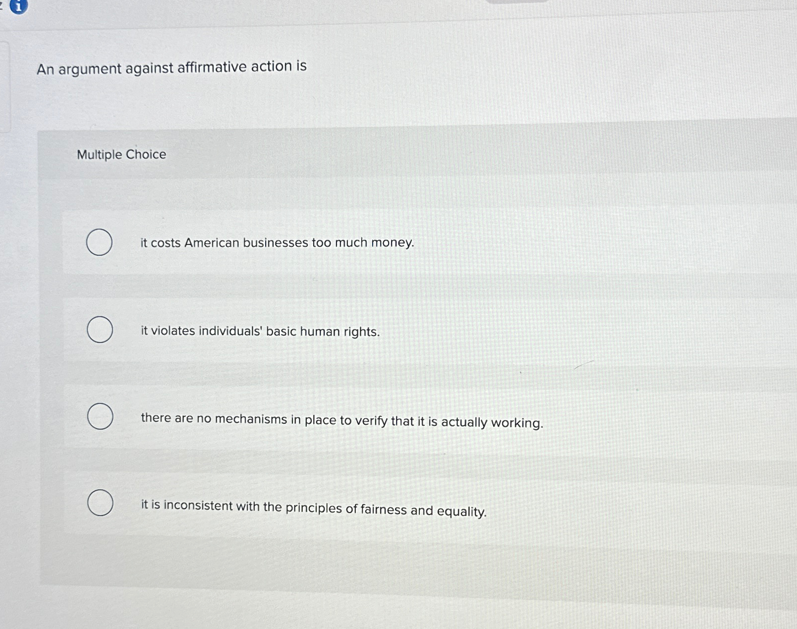 Solved An argument against affirmative action isMultiple | Chegg.com
