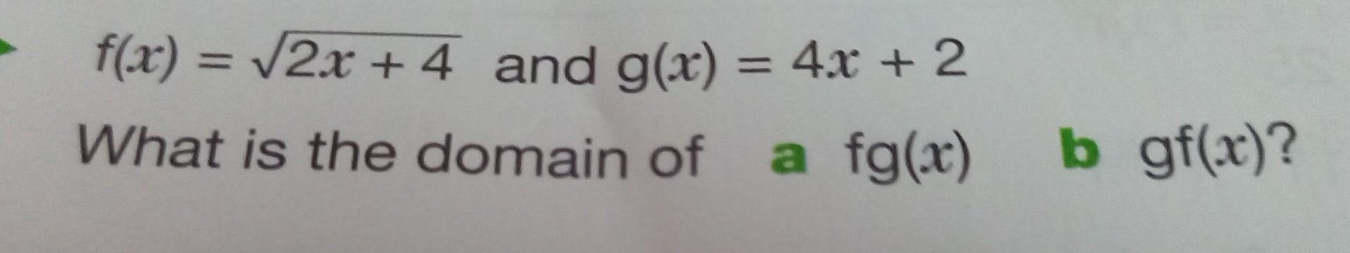 Solved f(x)=2x+4 and g(x)=4x+2 What is the domain of a fg(x) | Chegg.com