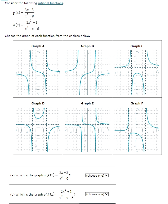 Solved g(x)=3x-3x2-9h(x)=2x2+1x2-x-6Choose the graph of each | Chegg.com