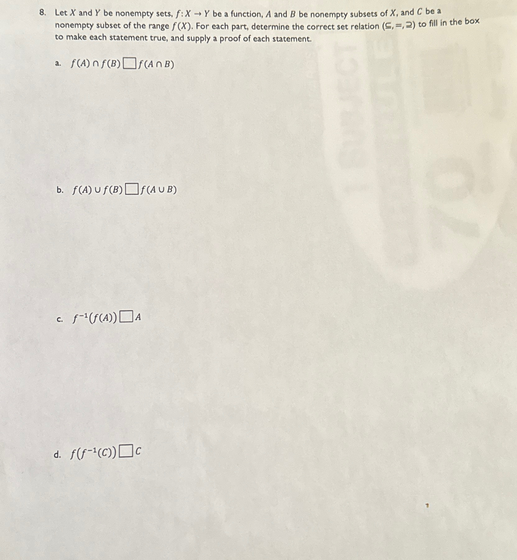 Solved Let x ﻿and Y ﻿be nonempty sets, f:x→Y ﻿be a function, | Chegg.com