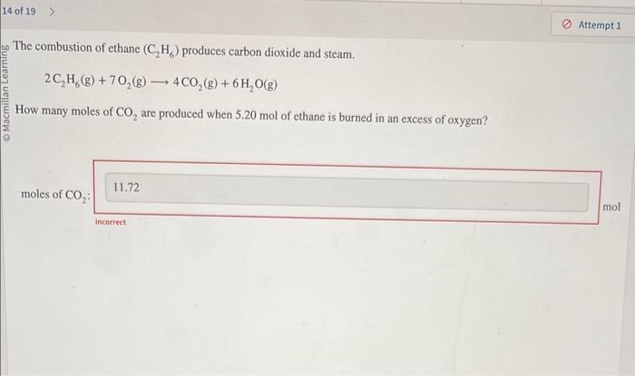 Solved The combustion of ethane (C2H6) produces carbon | Chegg.com