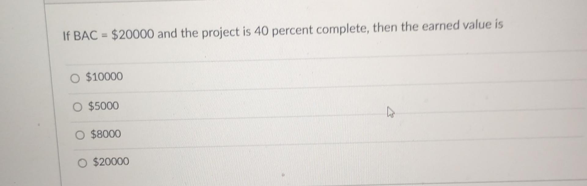 Solved If BAC=$20000 ﻿and the project is 40 ﻿percent | Chegg.com