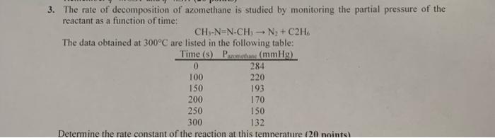 Solved 3. The rate of decomposition of azomethane is studied | Chegg.com