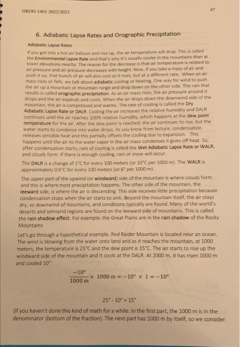 Solved 6. Adiabatic Lapse Rates and Orographic Precipitation | Chegg.com