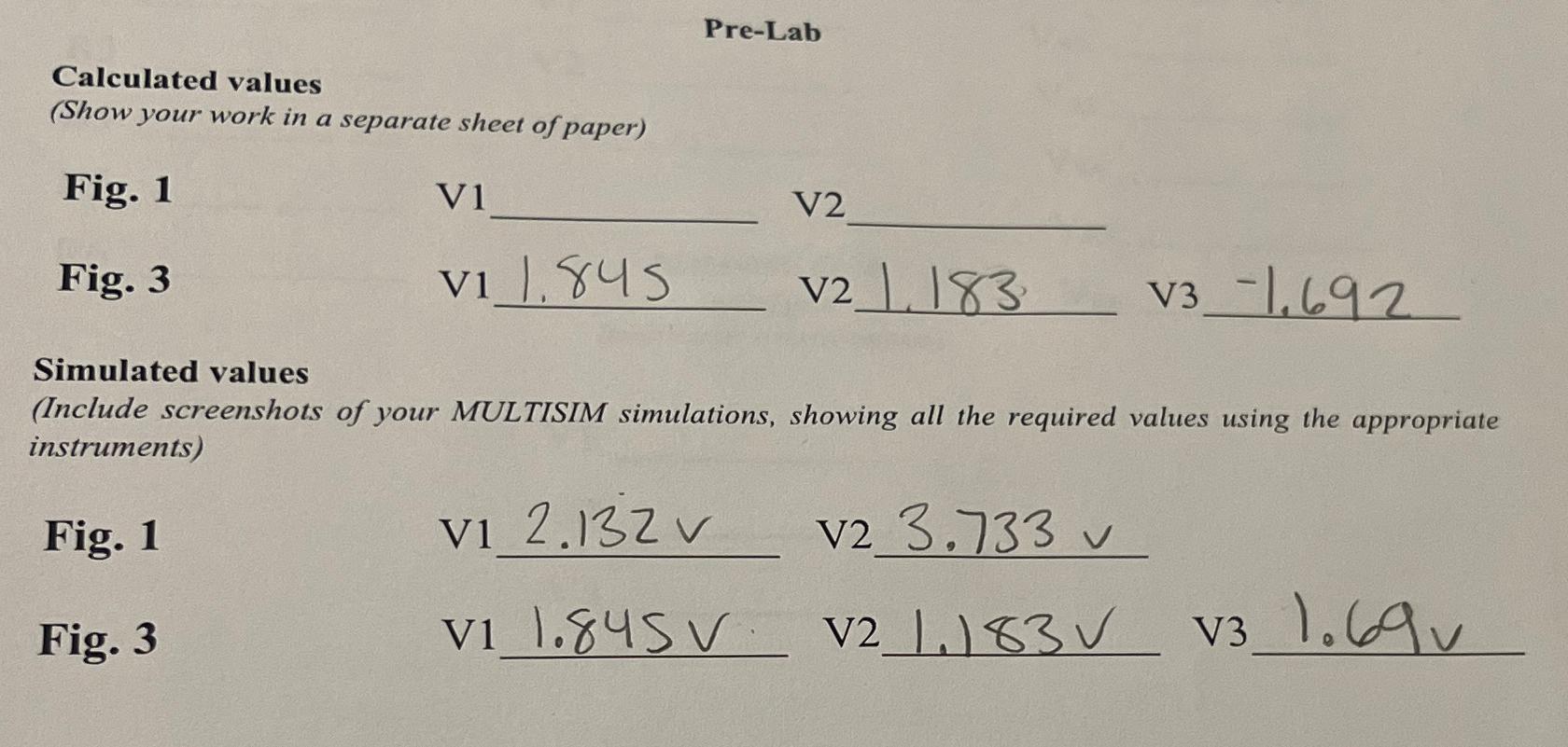 Pre Lab Ncalculated Values N Show Your Work In A