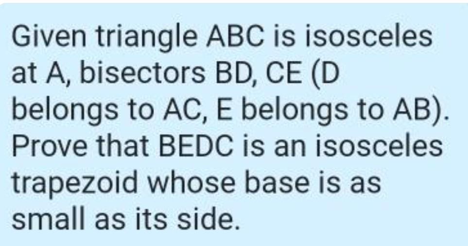 Solved Given triangle ABC is isosceles at A, bisectors BD, | Chegg.com