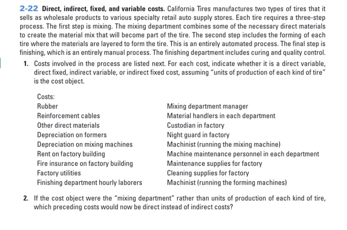 Solved 2-22 Direct, indirect, fixed, and variable costs. | Chegg.com