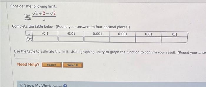 Solved Consider the following limit. limx→0xx+2−2 Complete | Chegg.com
