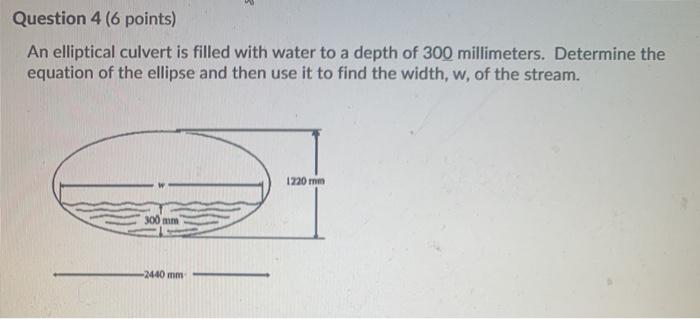 Solved Question 4 (6 points) An elliptical culvert is filled | Chegg.com