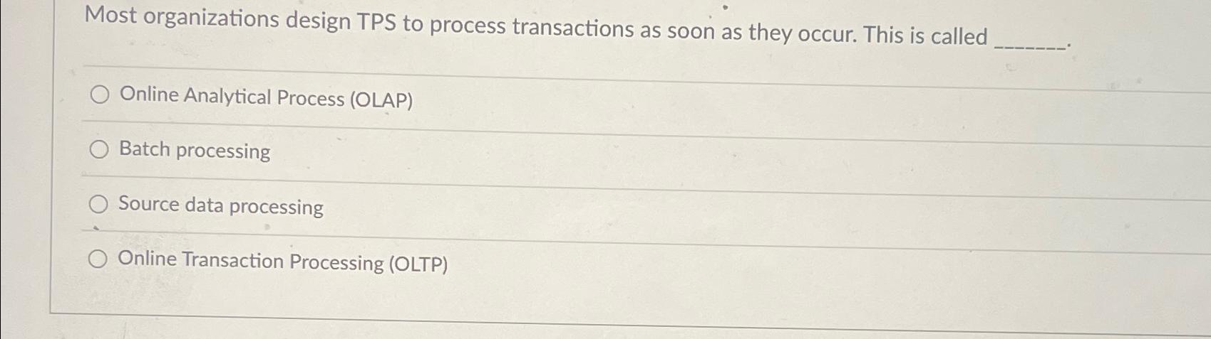 Solved Most organizations design TPS to process transactions | Chegg.com