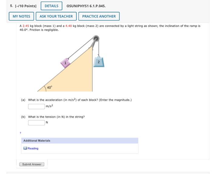 Solved A 2.45 kg block (mass 1) and a 4.40 kg block (mass 2) | Chegg.com Solved A 2.45 kg block (mass 1) and a 4.40 kg block (mass 2) | Chegg.com