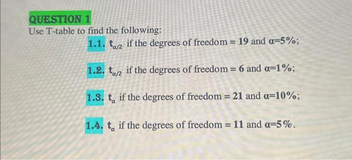 Solved Use T-table to find the following: 1.1. tα/2 if the | Chegg.com